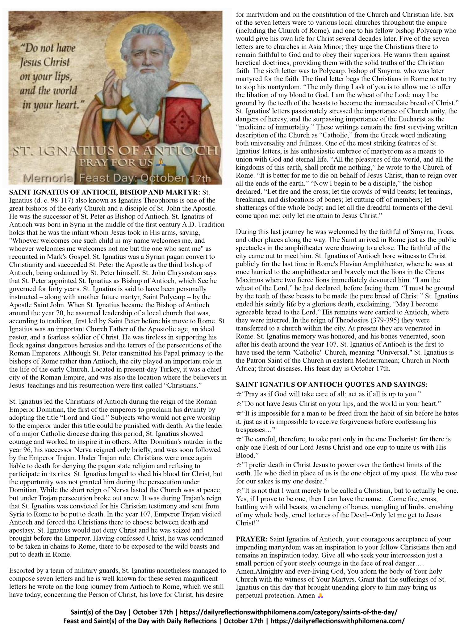 MEMORIAL OF SAINT IGNATIUS OF ANTIOCH, BISHOP AND MARTYR – DailyReflections